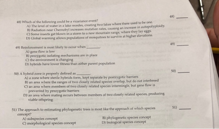 Solved 48) 48) Which of the following could be a vicariance | Chegg.com