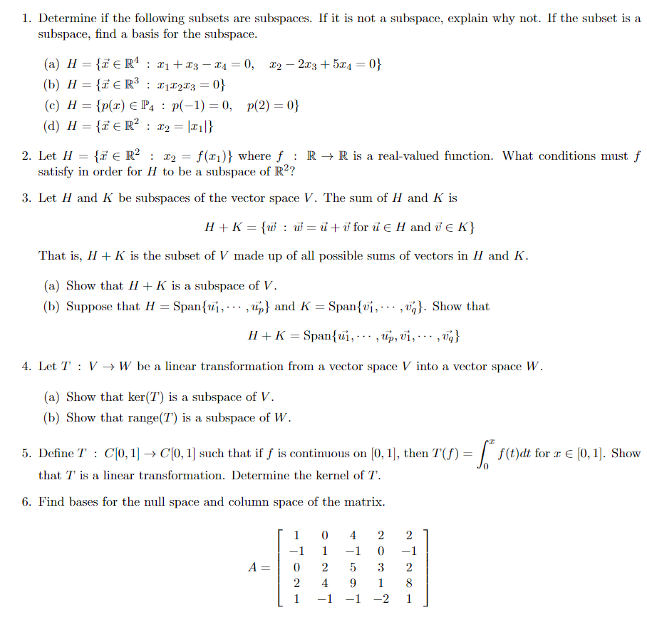 Solved 1 Determine If The Following Subsets Are Subspaces