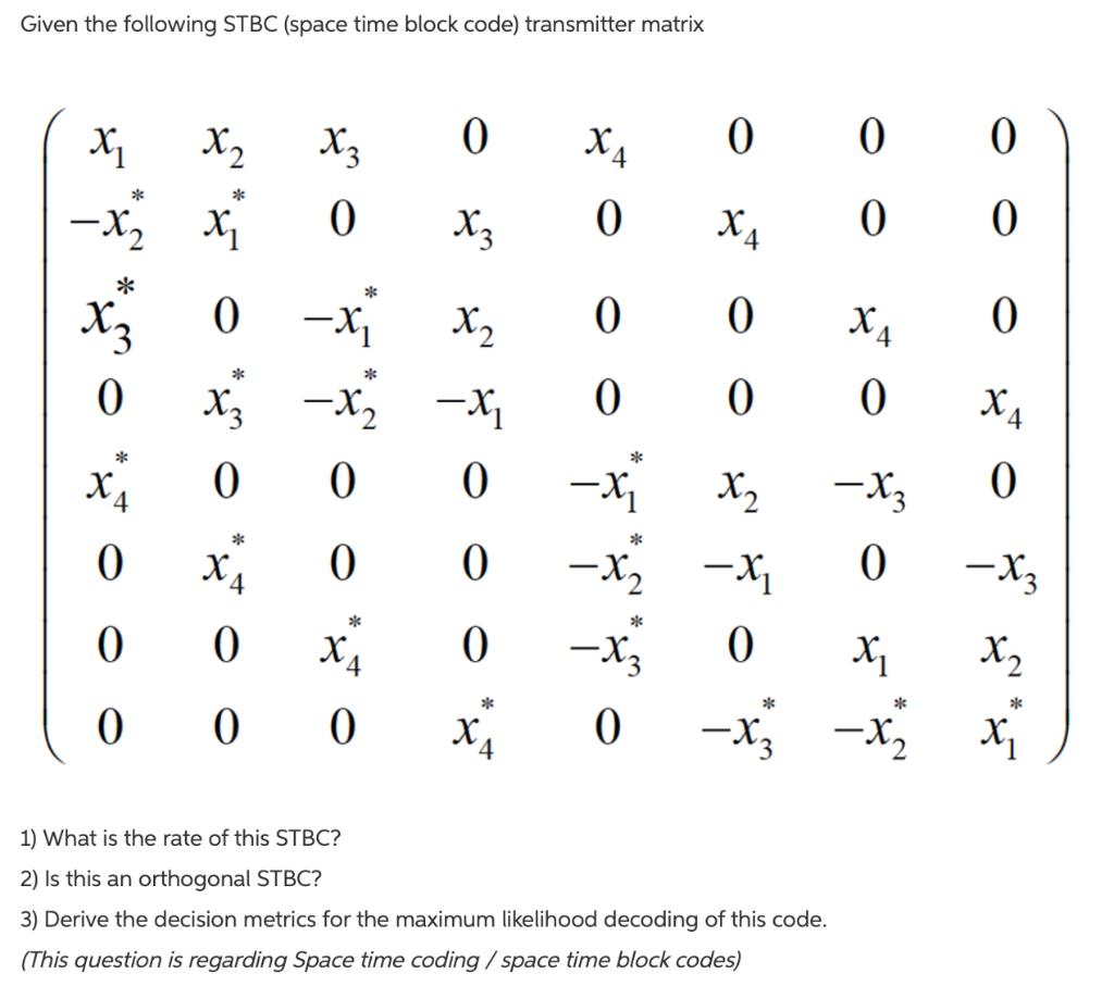 Solved Given the following STBC (space time block code) | Chegg.com