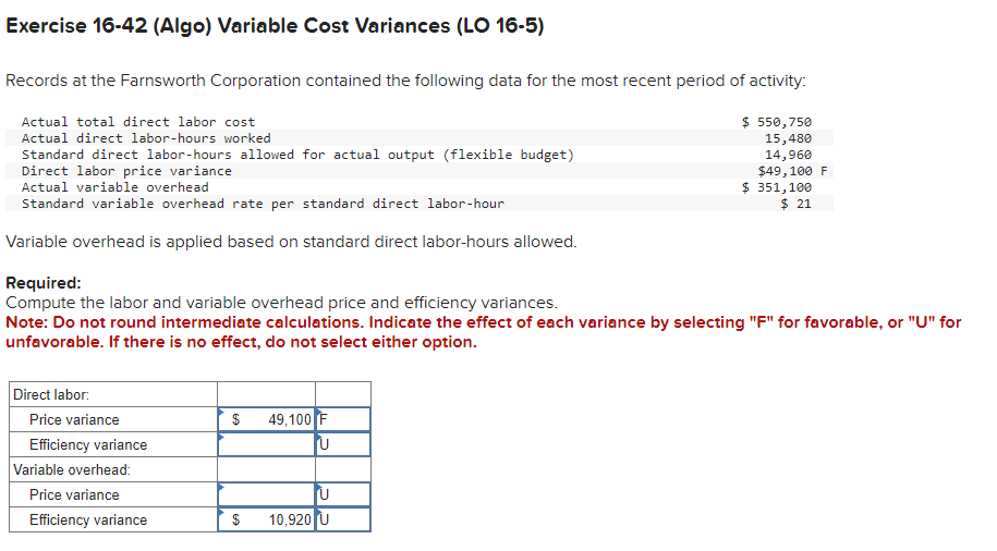 Solved Exercise 16-42 (Algo) Variable Cost Variances (LO | Chegg.com
