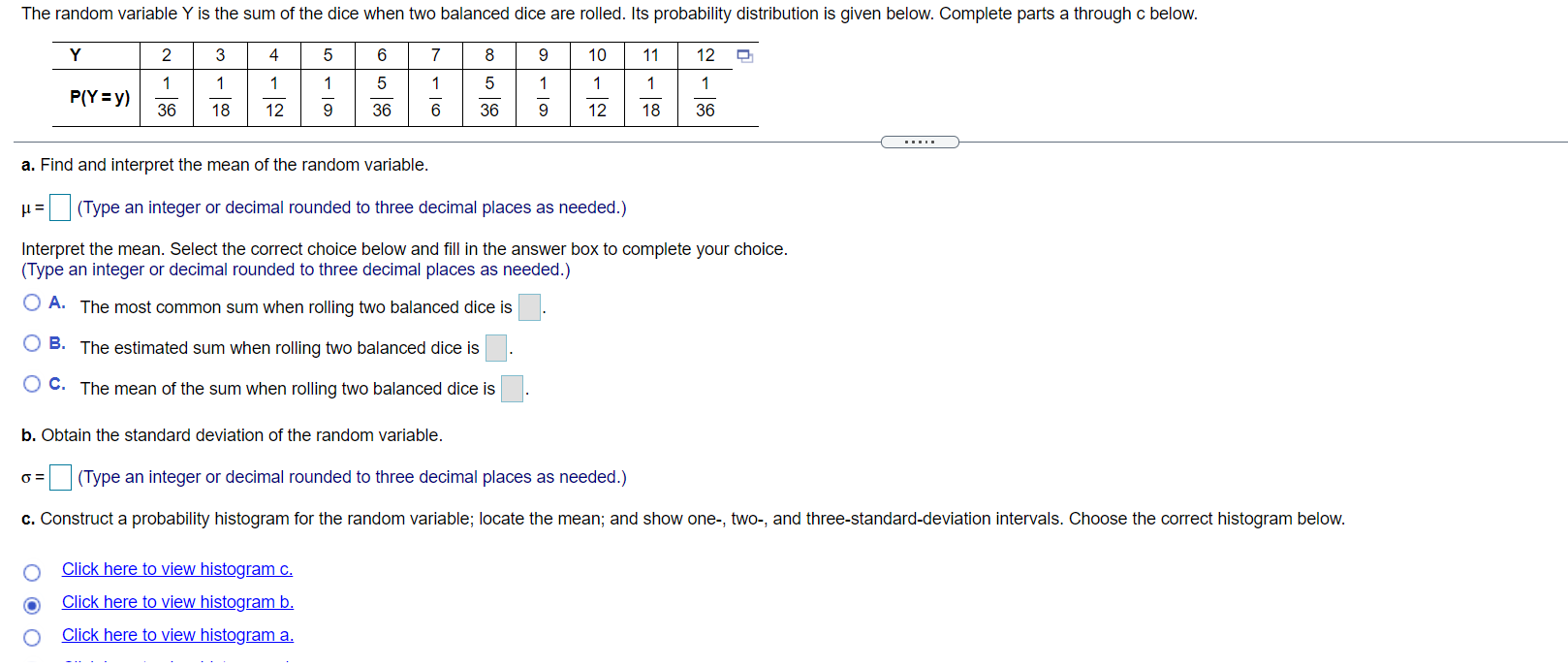 Solved The random variable Y is the sum of the dice when two | Chegg.com