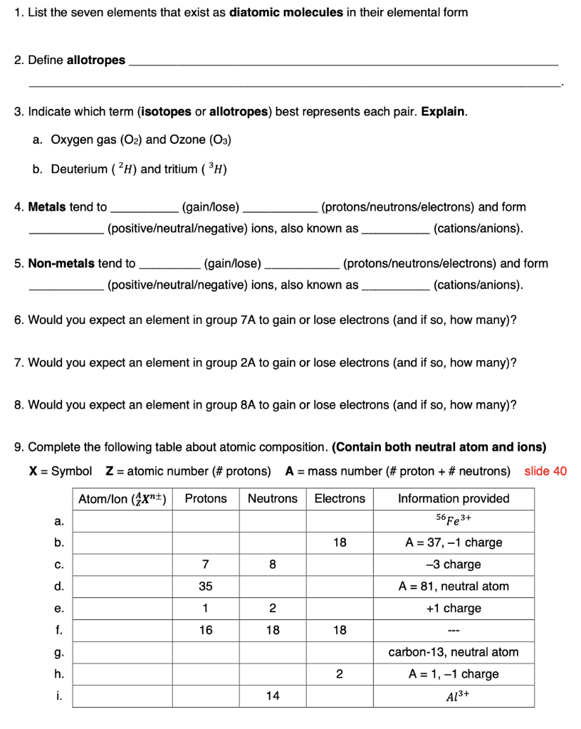 Solved 1. List the seven elements that exist as diatomic | Chegg.com