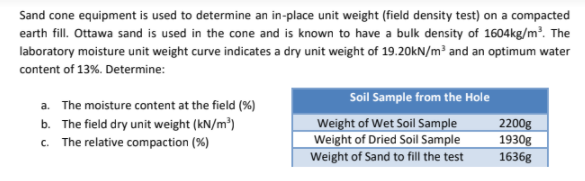 Solved Sand cone equipment is used to determine an in-place | Chegg.com