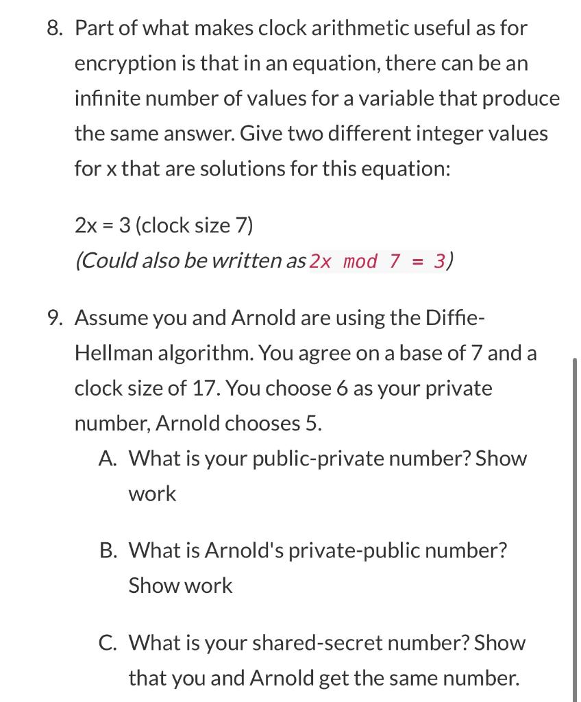 Solved 8. Part of what makes clock arithmetic useful as for | Chegg.com