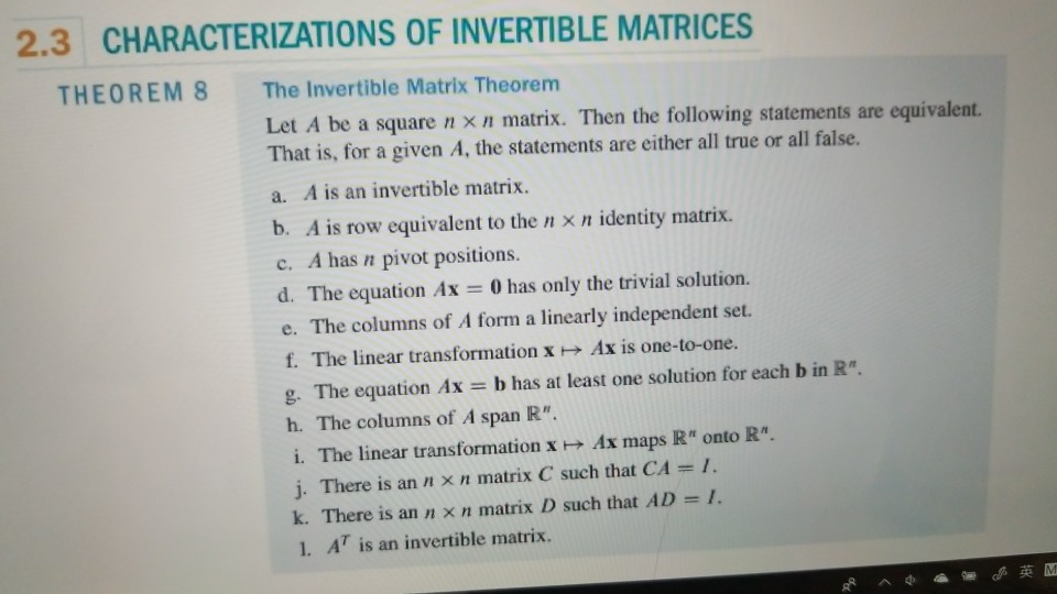 Solved 2.3 CHARACTERIZATIONS OF INVERTIBLE MATRICES THEOREM | Chegg.com
