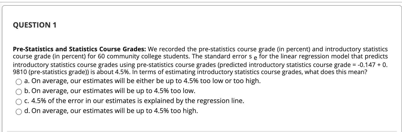 Solved QUESTION 1 Pre-Statistics and Statistics Course | Chegg.com