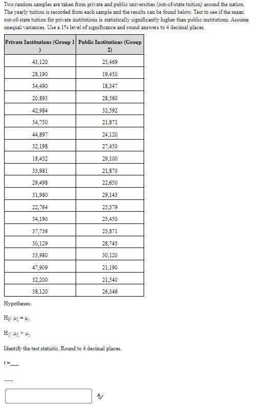 Solved Two random samples are taken from private and public | Chegg.com