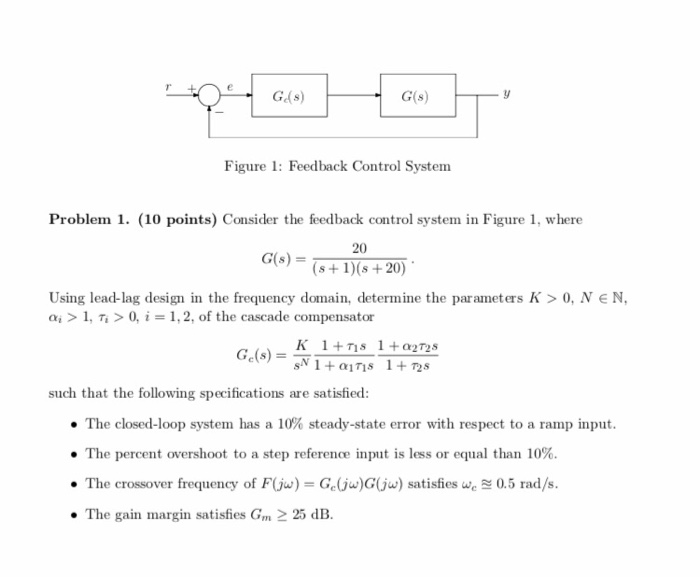 Solved Figure 1: Feedback Control System Problem 1. (10 | Chegg.com