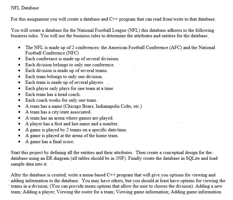 NFL Database For this assignment you will create a | Chegg.com