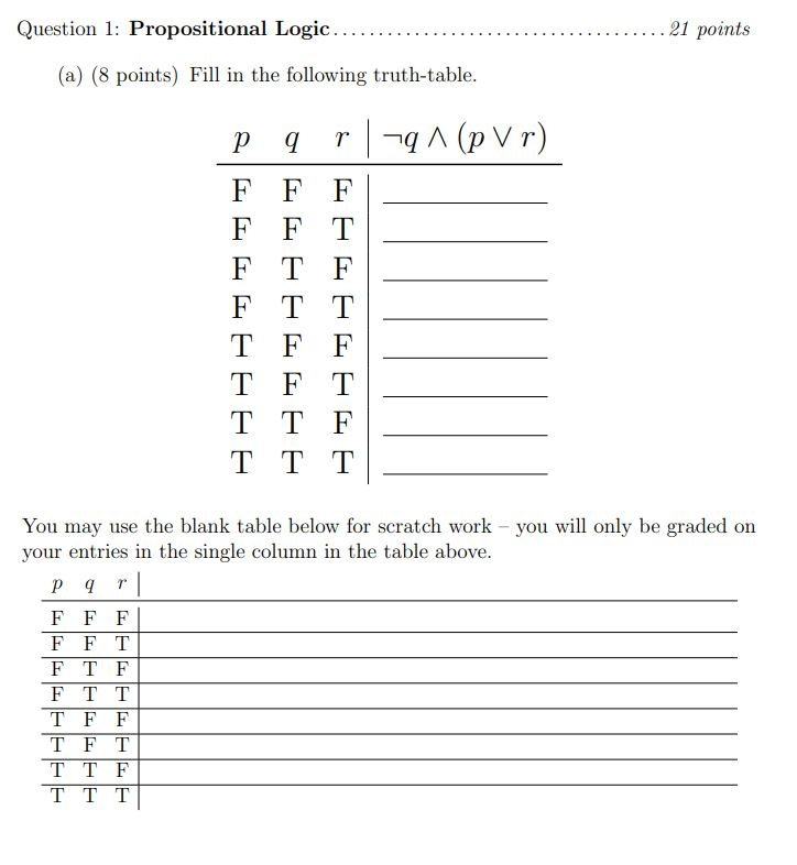 Solved Question 1: Propositional Logic. 21 points (a) (8 | Chegg.com