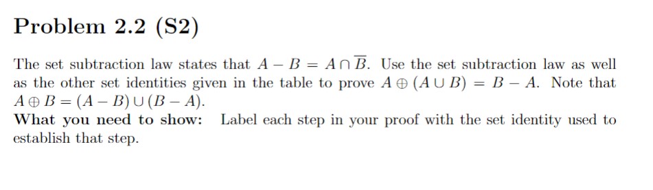 Problem 2.2 (S2)The set subtraction law states that | Chegg.com