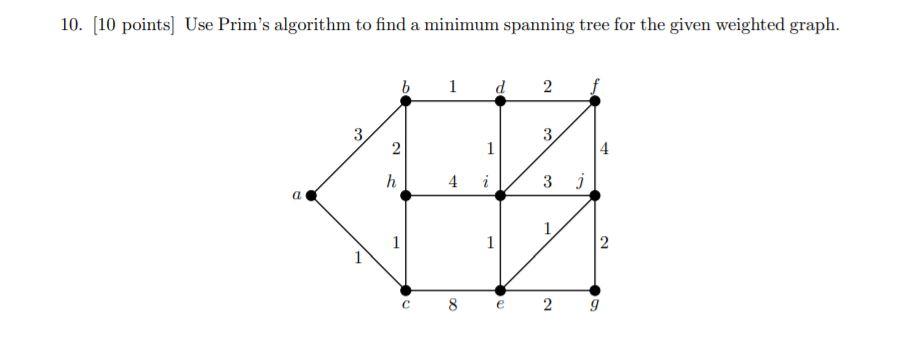 Solved 10. (10 points Use Prim's algorithm to find a minimum | Chegg.com