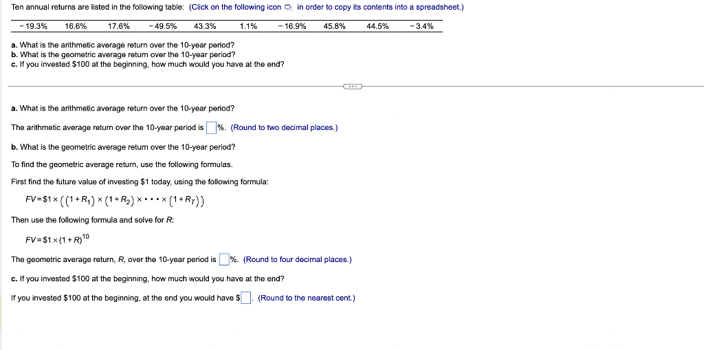 Solved a. What is the arithmetic average return over the 10 | Chegg.com