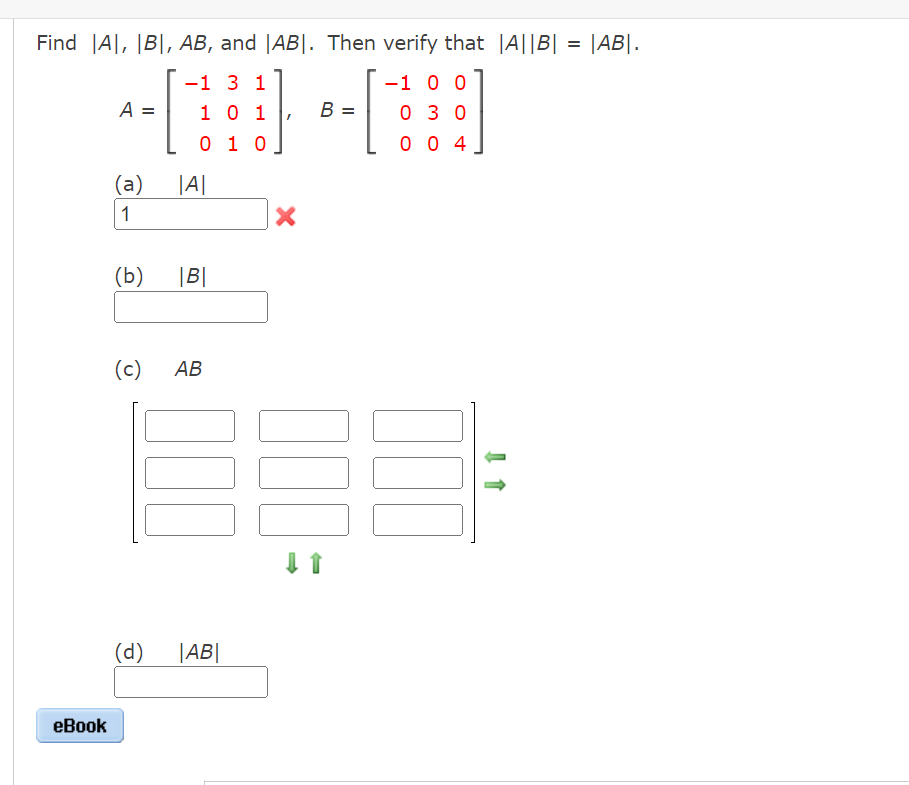 Solved Find ∣A∣,∣B∣,AB, and ∣AB∣. Then verify that | Chegg.com