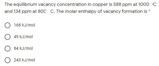 Solved The equilibrium vacancy concentration in copper is | Chegg.com