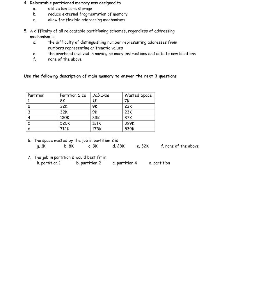 Solved a. 4. Relocatable partitioned memory was designed to | Chegg.com
