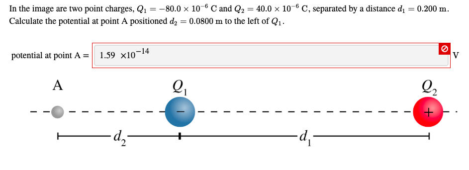 Solved In the image are two point charges, Q1 = -80.0 x 10-6 | Chegg.com