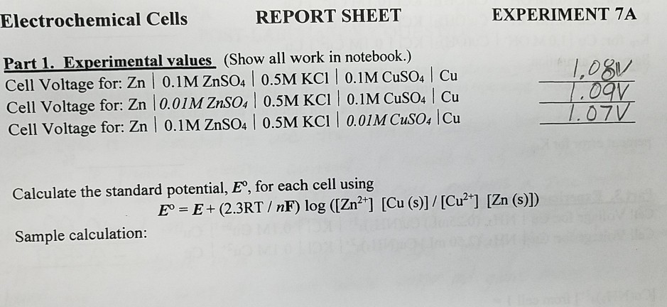 Solved Electrochemical Cells REPORT SHEET EXPERIMENT 7A Part | Chegg.com