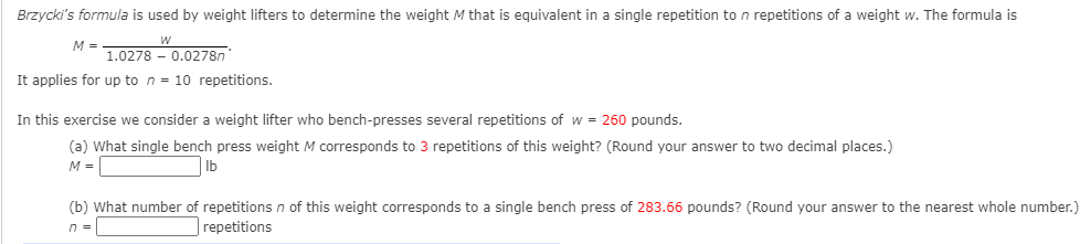 Solved Brzycki's formula is used by weight lifters to | Chegg.com