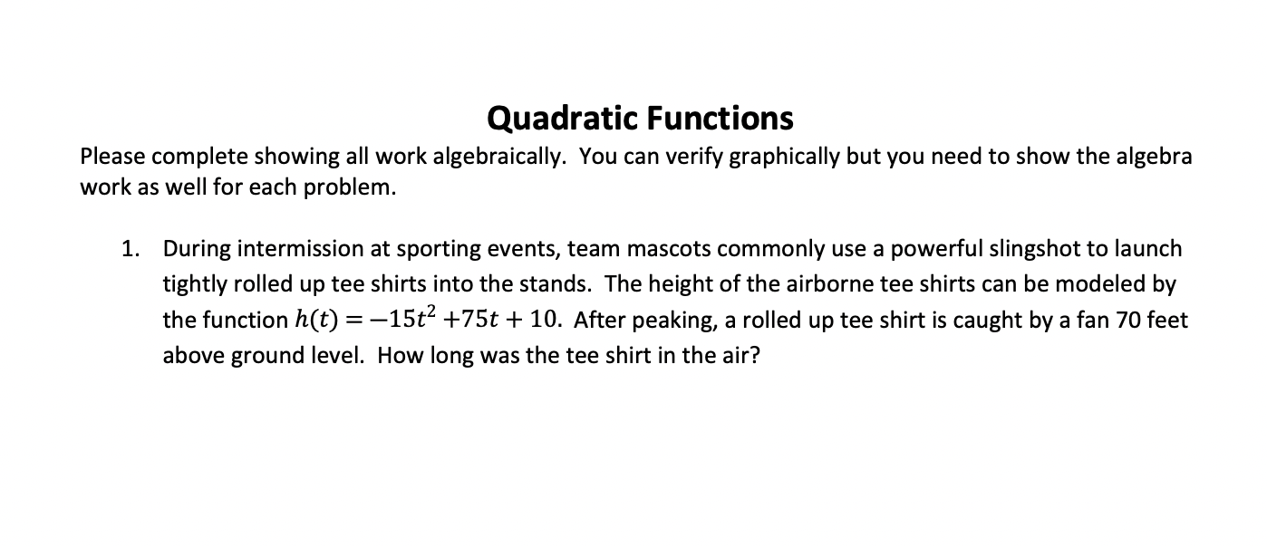 Solved Quadratic Functions Please complete showing all work | Chegg.com