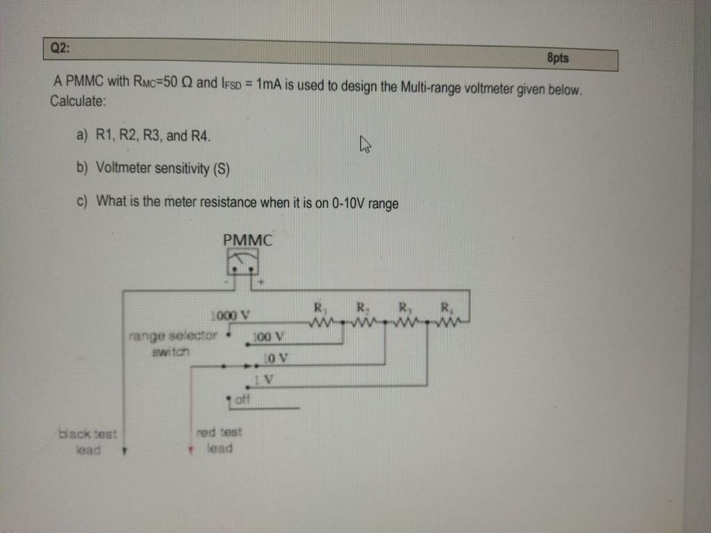 Solved Q2: 8pts A PMMC with Rmc=50 Q and liso = 1mA is used | Chegg.com