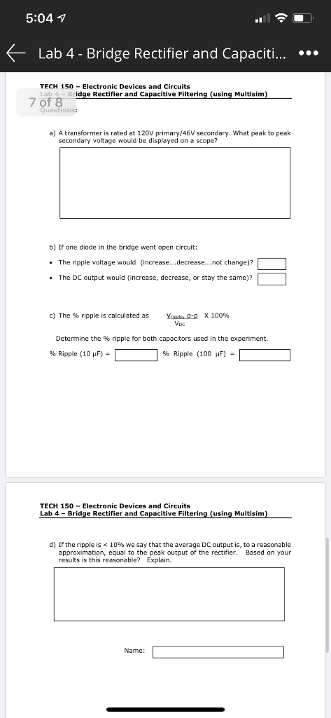 5:03 + Lab 4 - Bridge Rectifier and Capaciti... •.• | Chegg.com