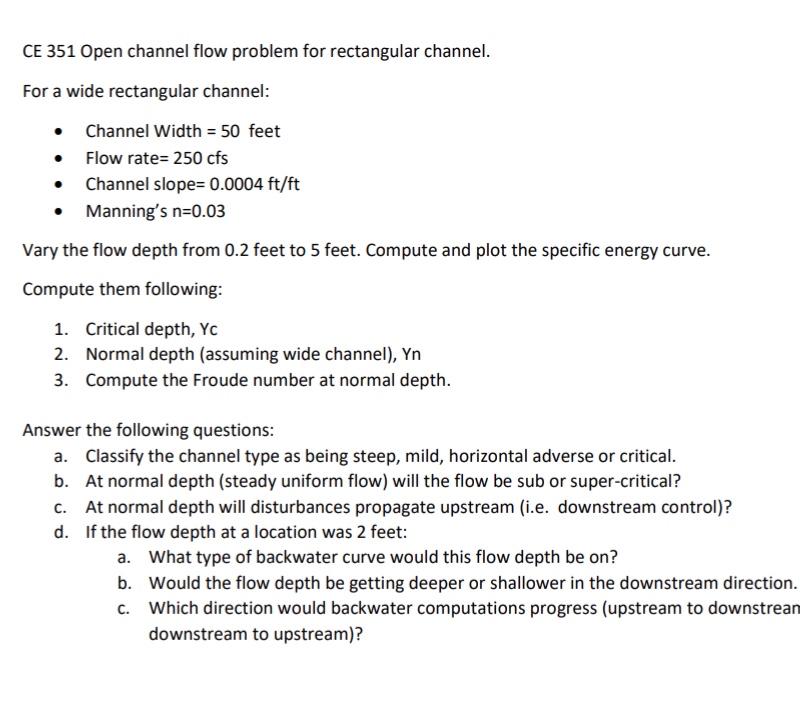 Solved CE 351 Open channel flow problem for rectangular | Chegg.com