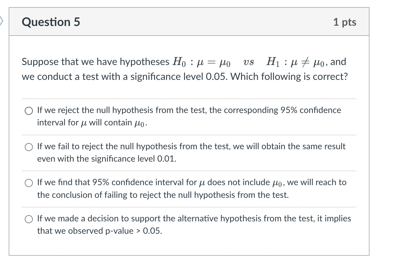 Solved Suppose that we have hypotheses H0:μ=μ0 vs H1:μ =μ0, | Chegg.com