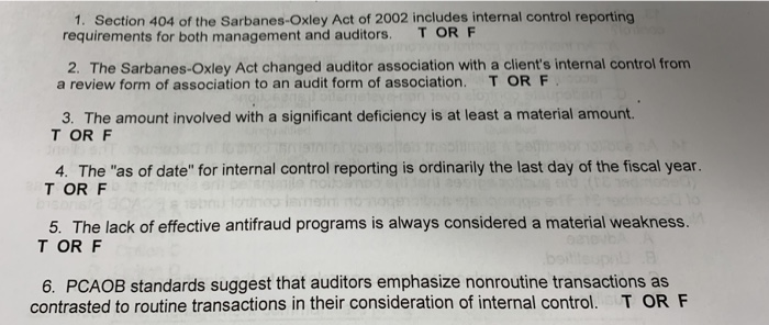 Solved 1. Section 404 of the Sarbanes-Oxley Act of 2002 | Chegg.com