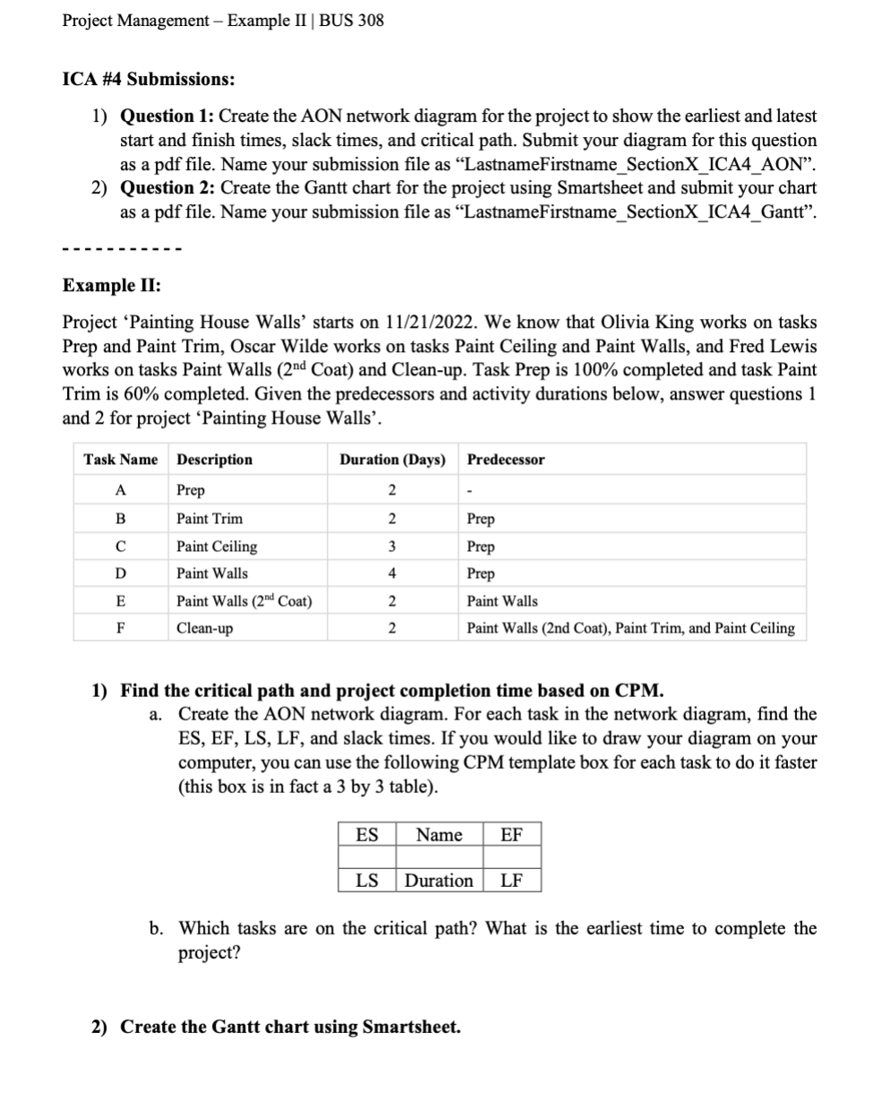 Solved Project Management - Example II | BUS 308 ICA #4 | Chegg.com