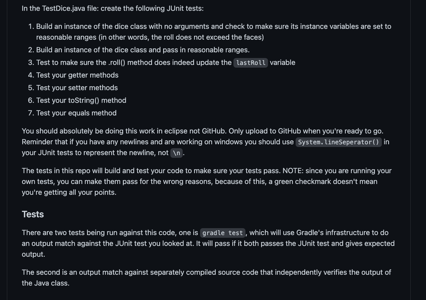 Solved The Assignment In the Dice.Java file: create a class | Chegg.com