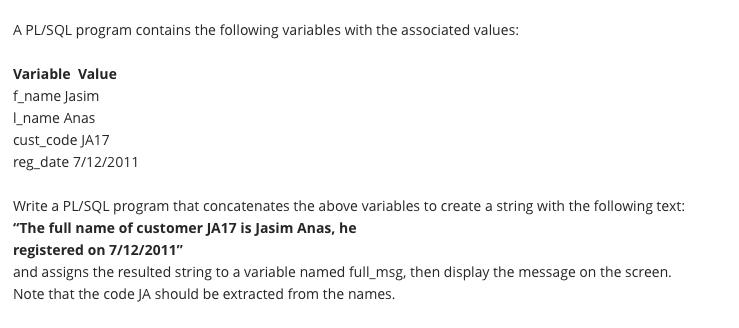 Solved A PL/SQL program contains the following variables | Chegg.com