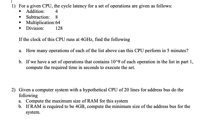 Solved 1) For a given CPU, the cycle latency for a set of | Chegg.com