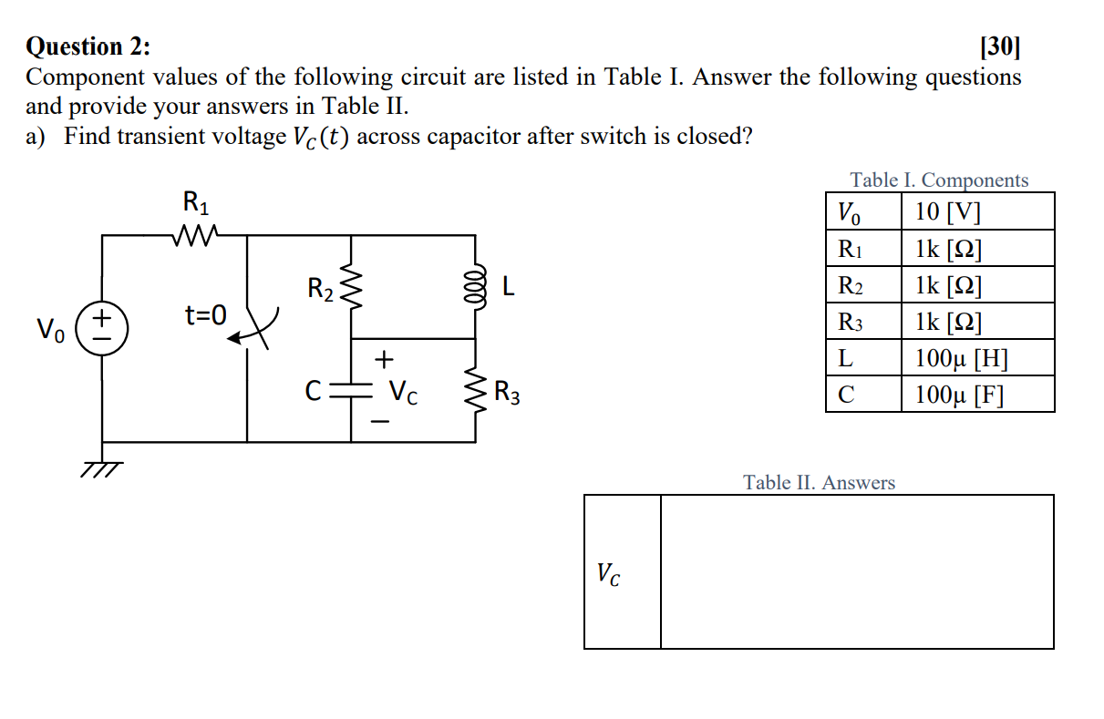 Solved Question 2: [30] Component values of the following | Chegg.com