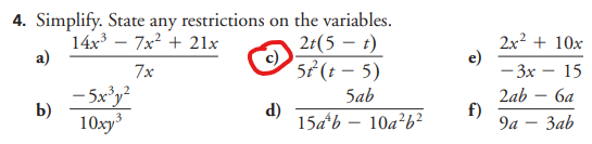 Solved e) 4. Simplify. State any restrictions on the | Chegg.com