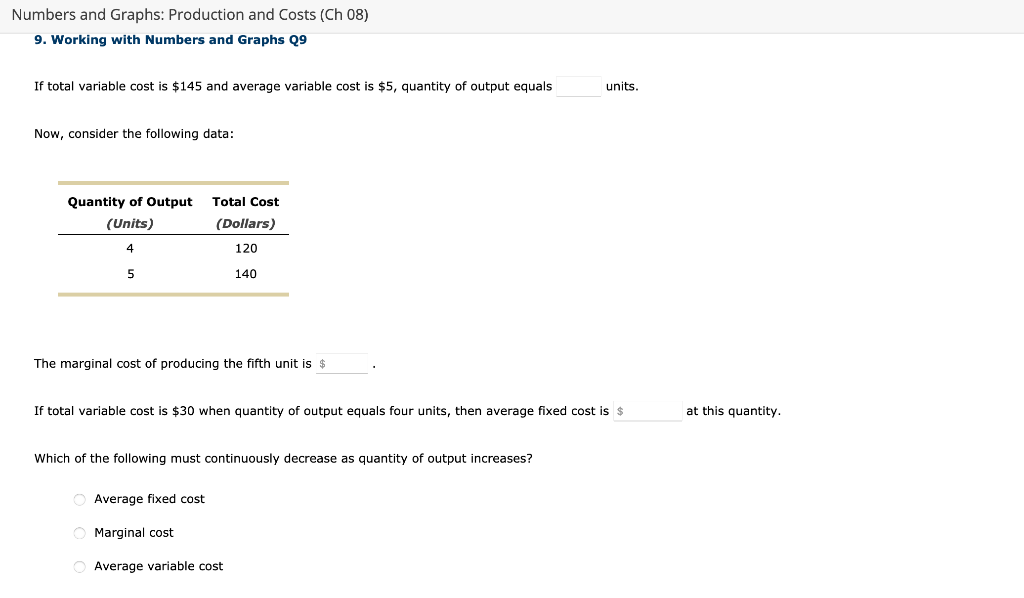 Solved Numbers and Graphs: Production and Costs (Ch 08) 9. | Chegg.com