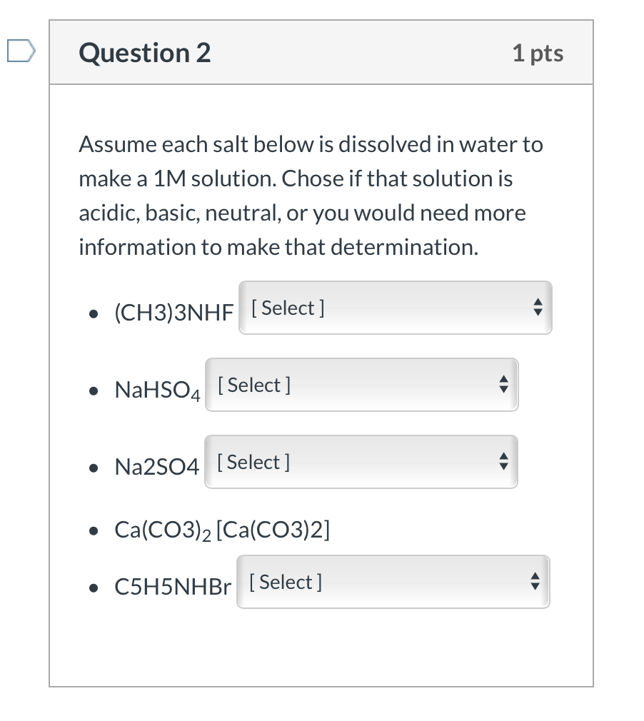 Solved Question 2 1 pts Assume each salt below is dissolved | Chegg.com