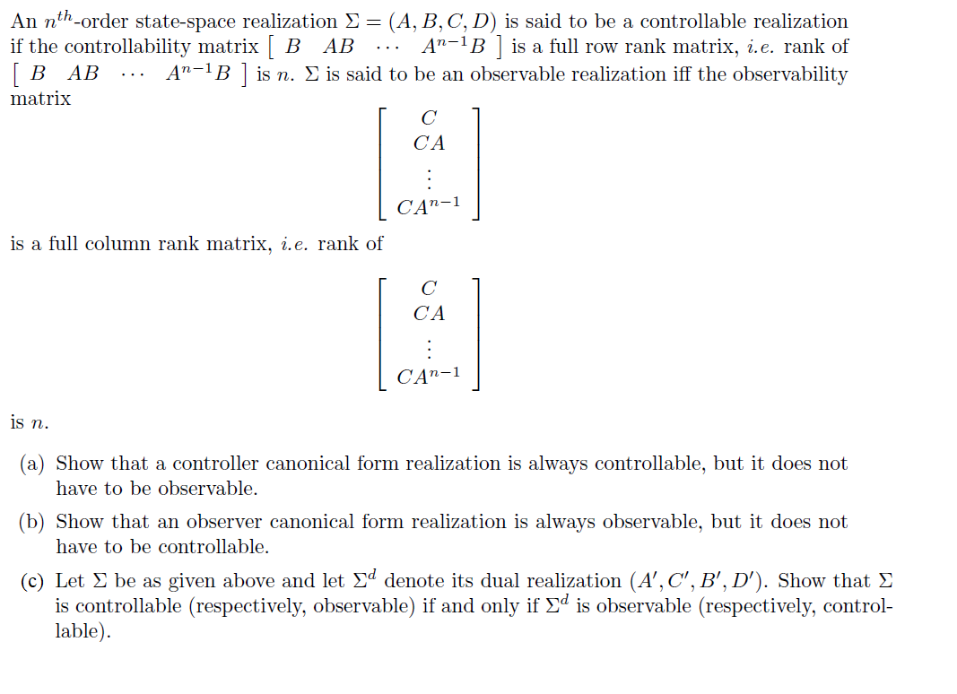 An Nth Order State Space Realization Σ A B C D Is