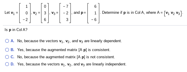 Solved 1 0 - 7 6 Let V1 = V2 V3 = -2 and p= Determine if p | Chegg.com