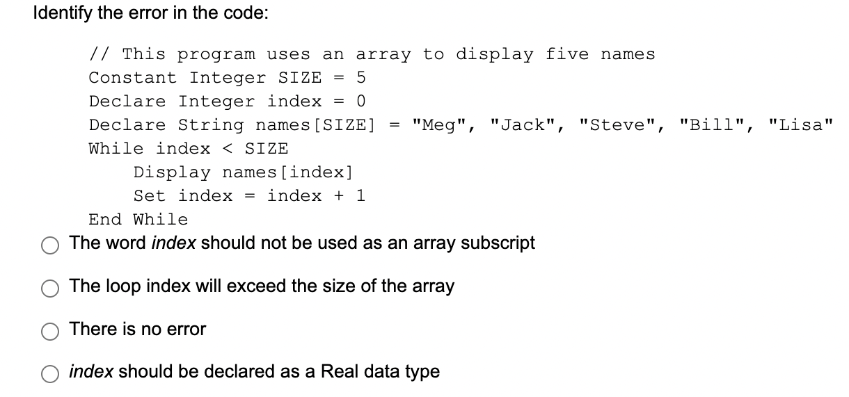 Solved Identify the error in the code: = // This program | Chegg.com