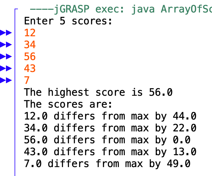 Solved --j GRASP exec: java Arrayofs Enter 5 scores: 12 34 | Chegg.com