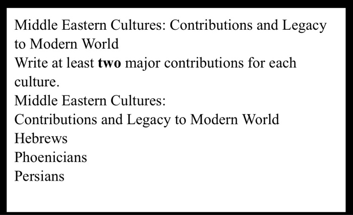 Solved Middle Eastern Cultures: Contributions and Legacy to | Chegg.com