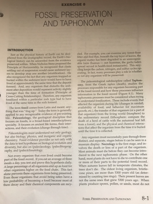 EXERCISE 8 FOSSIL PRESERVATION AND TAPHONOMY | Chegg.com