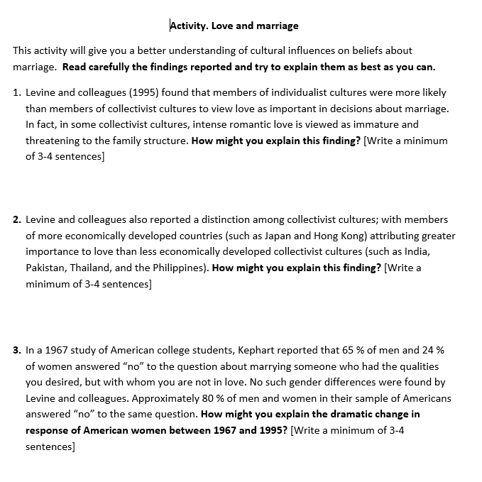 Solved Activity. Love and marriage This activity will give | Chegg.com