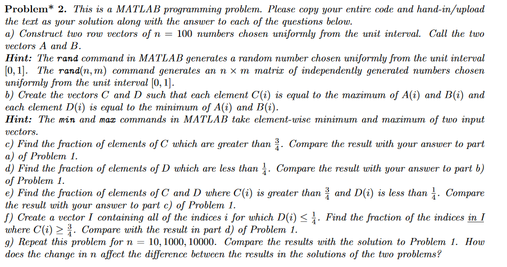 Solved Problem* 2. This is a MATLAB programming problem. | Chegg.com