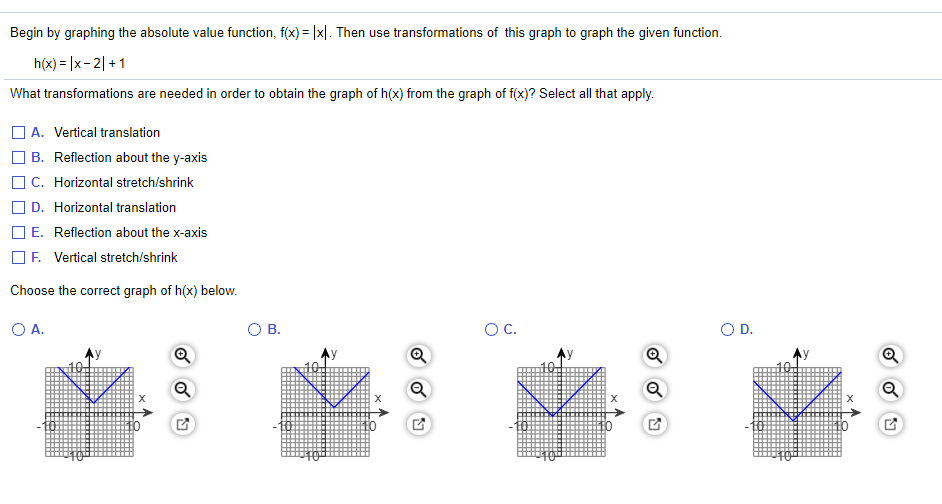 Solved Begin by graphing the absolute value function, f(x)= | Chegg.com
