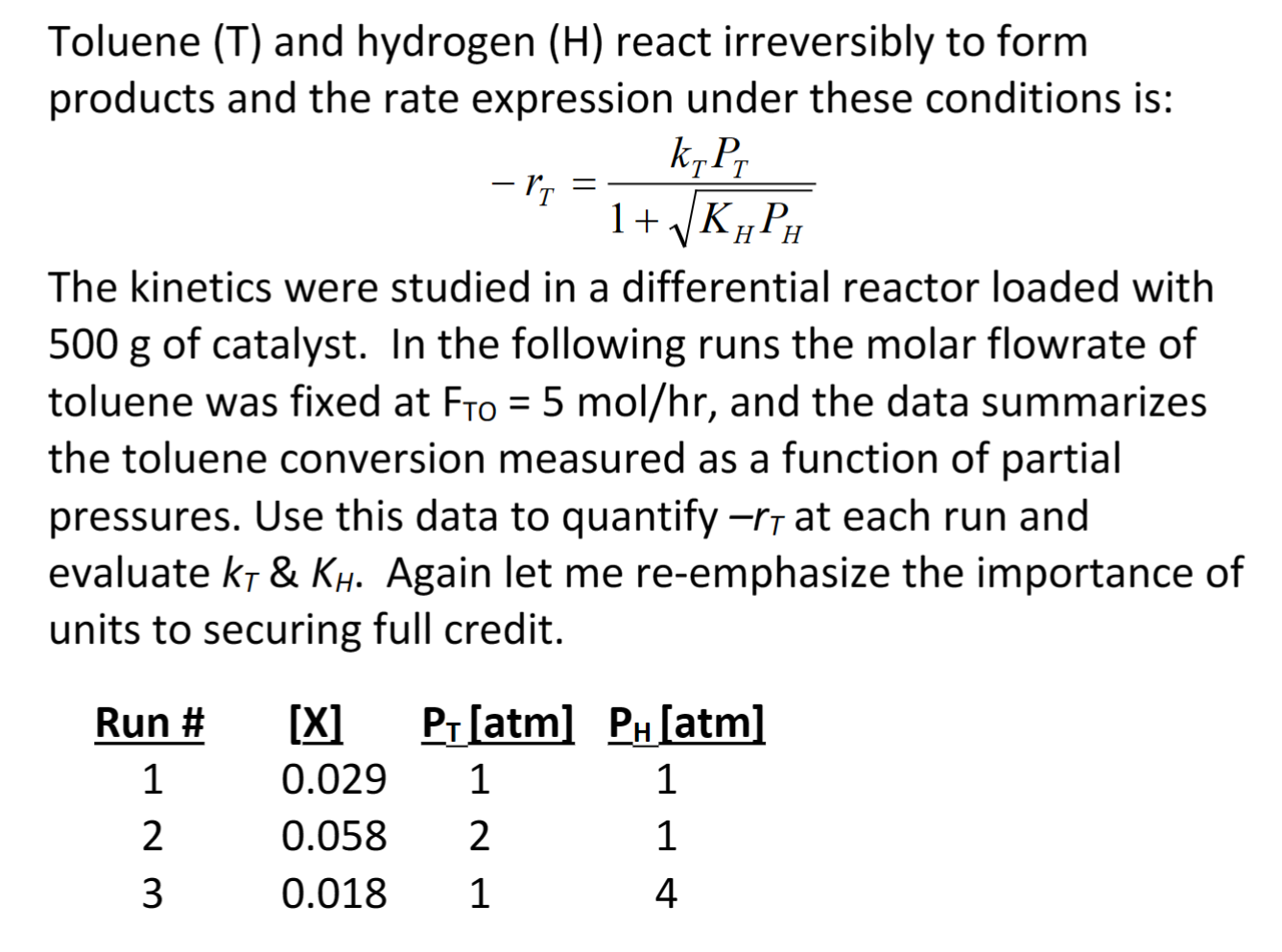 Solved Toluene (T) and hydrogen (H) react irreversibly to | Chegg.com