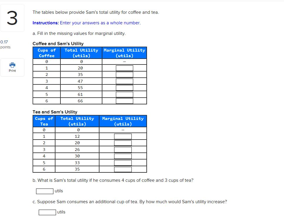Solved 3 The tables below provide Sam's total utility for | Chegg.com