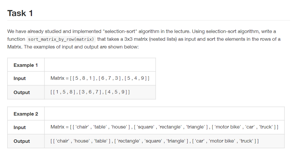 Solved def sort_matrix_by_row(matrix): new_lst = [] | Chegg.com