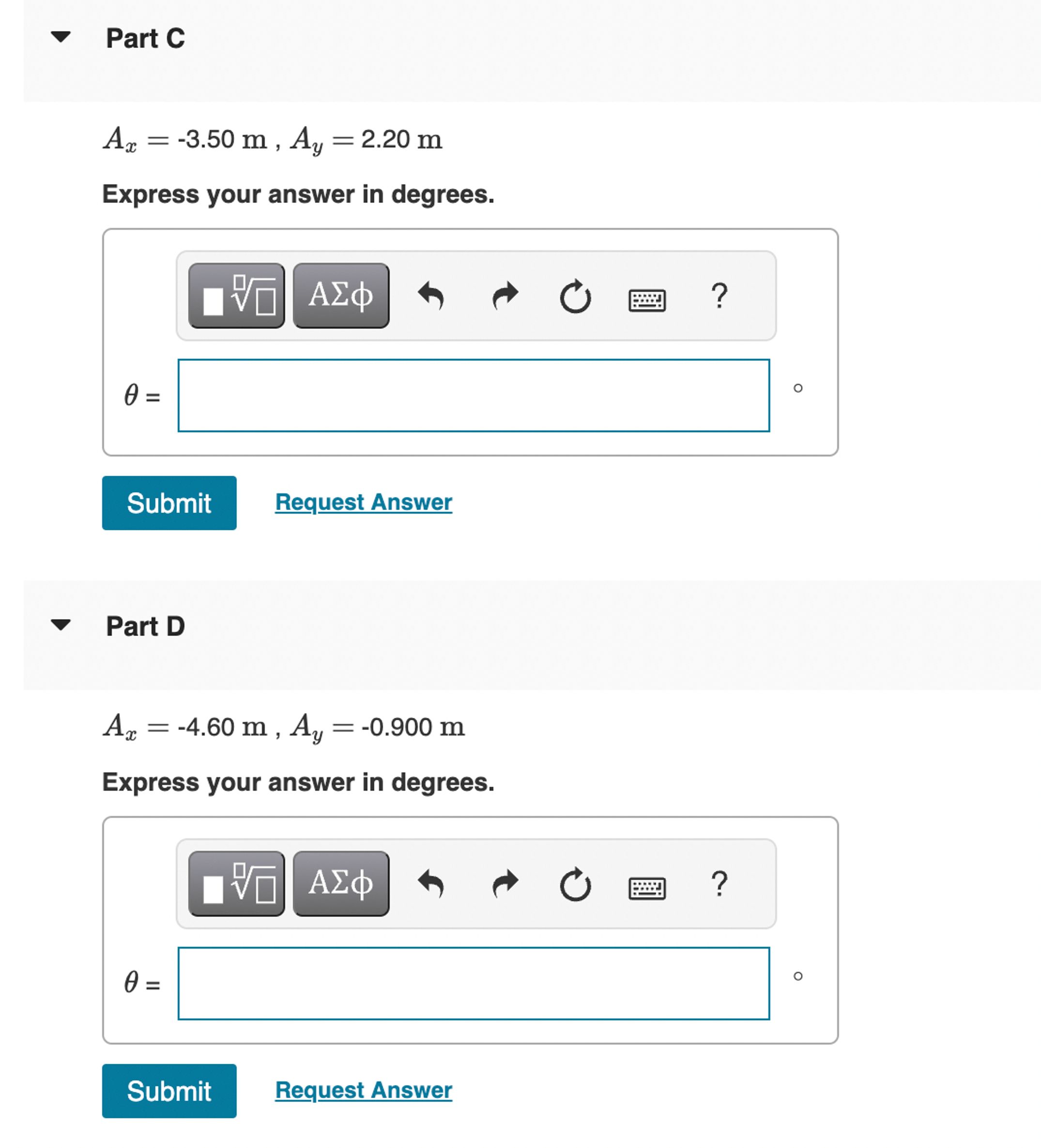 Solved Part CAx=-3.50m,Ay=2.20mExpress your answer in | Chegg.com